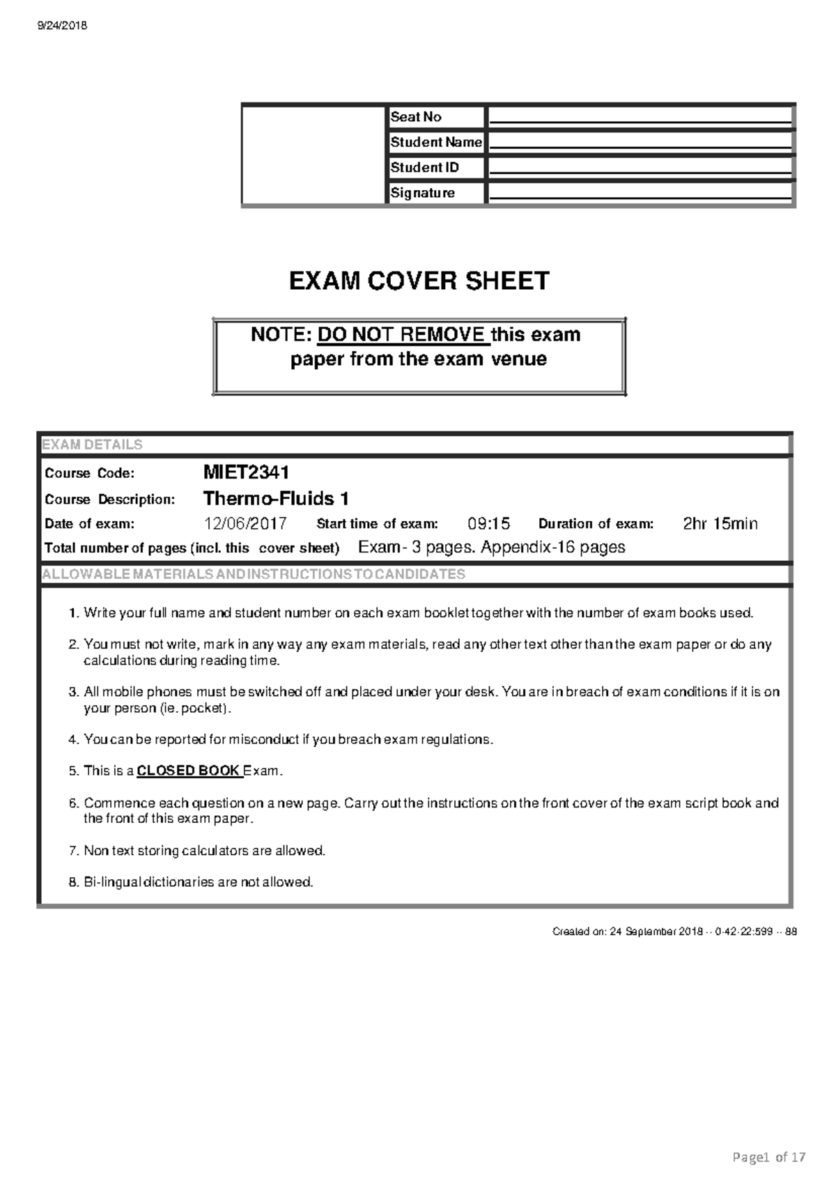 Sample/practice exam - 9/24/ Seat No Student Name Student ID Signature ...