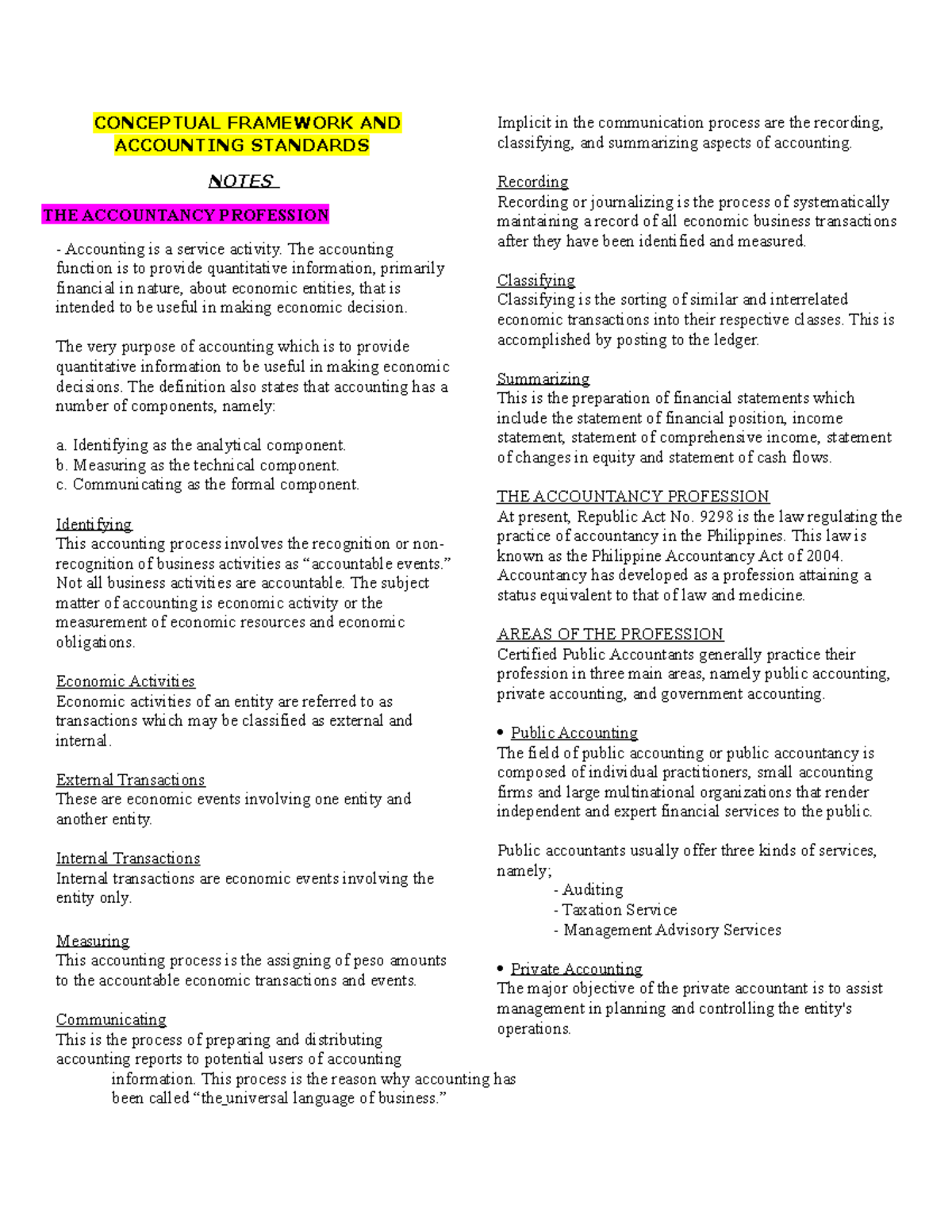 The Accountancy Profession (CFAS Notes) - CONCEPTUAL FRAMEWORK AND ...