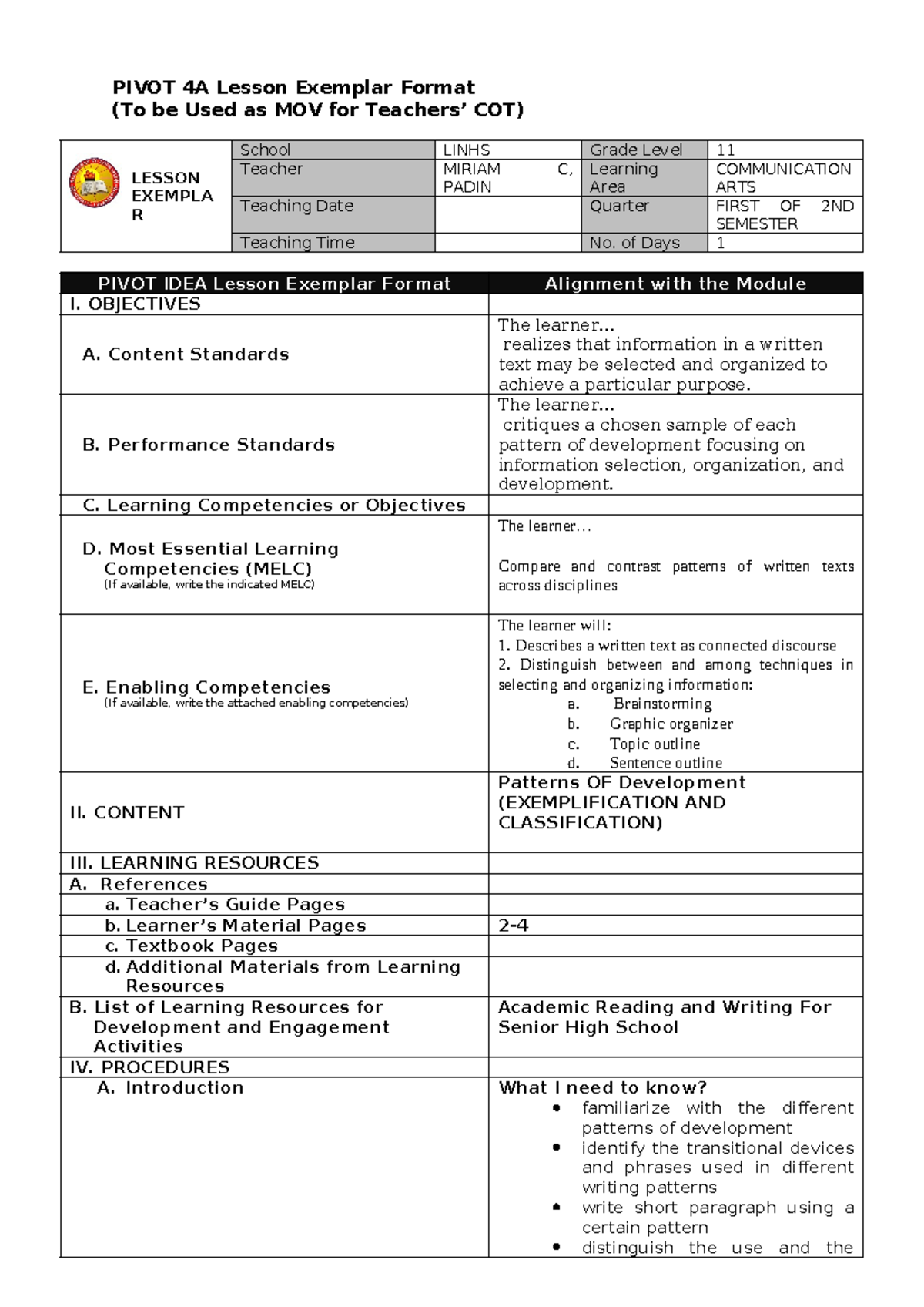 lesson plan format - PIVOT 4A Lesson Exemplar Format (To be Used as MOV ...