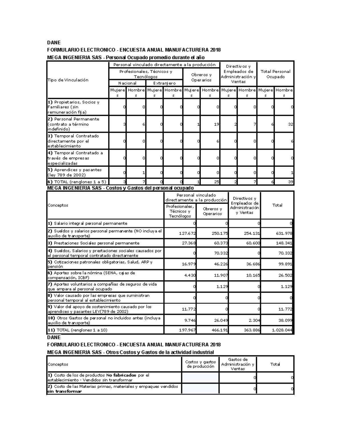 DANE - DANE FORMULARIO ELECTRONICO - ENCUESTA ANUAL MANUFACTURERA 2018 MEGA INGENIERIA SAS ...