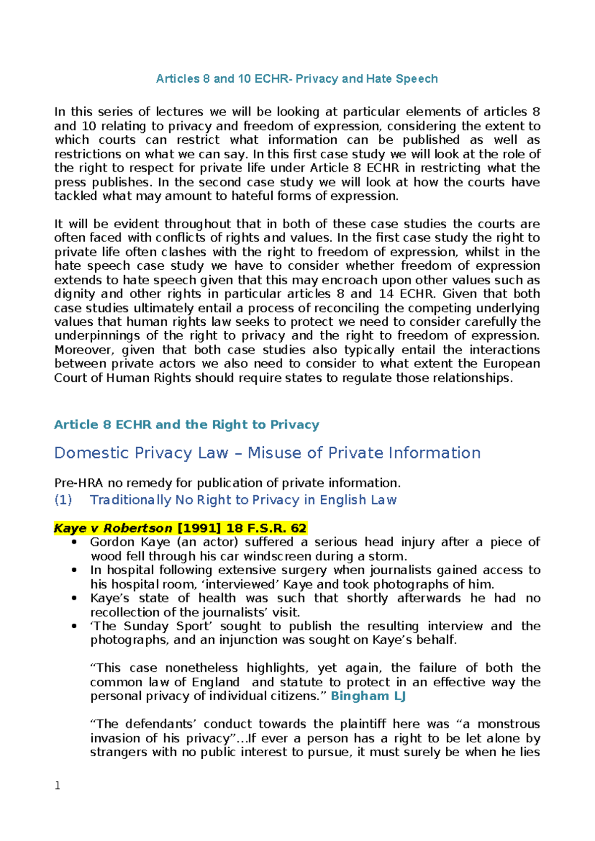 Overall - Summary Human Rights Law - Articles 8 and 10 ECHR- Privacy ...