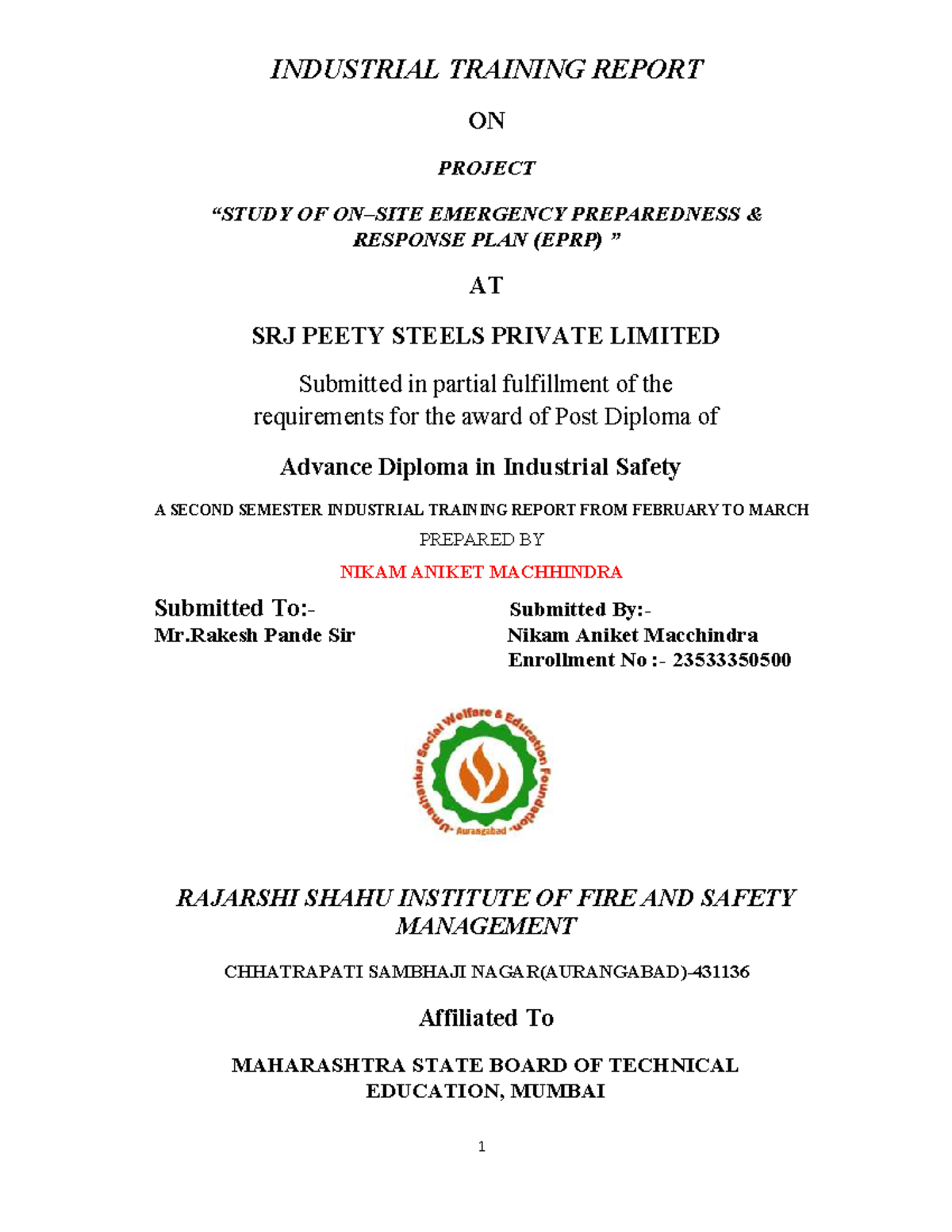 EPRP Project File - INDUSTRIAL TRAINING “STUDY OF ON RESPONSE PLAN ...