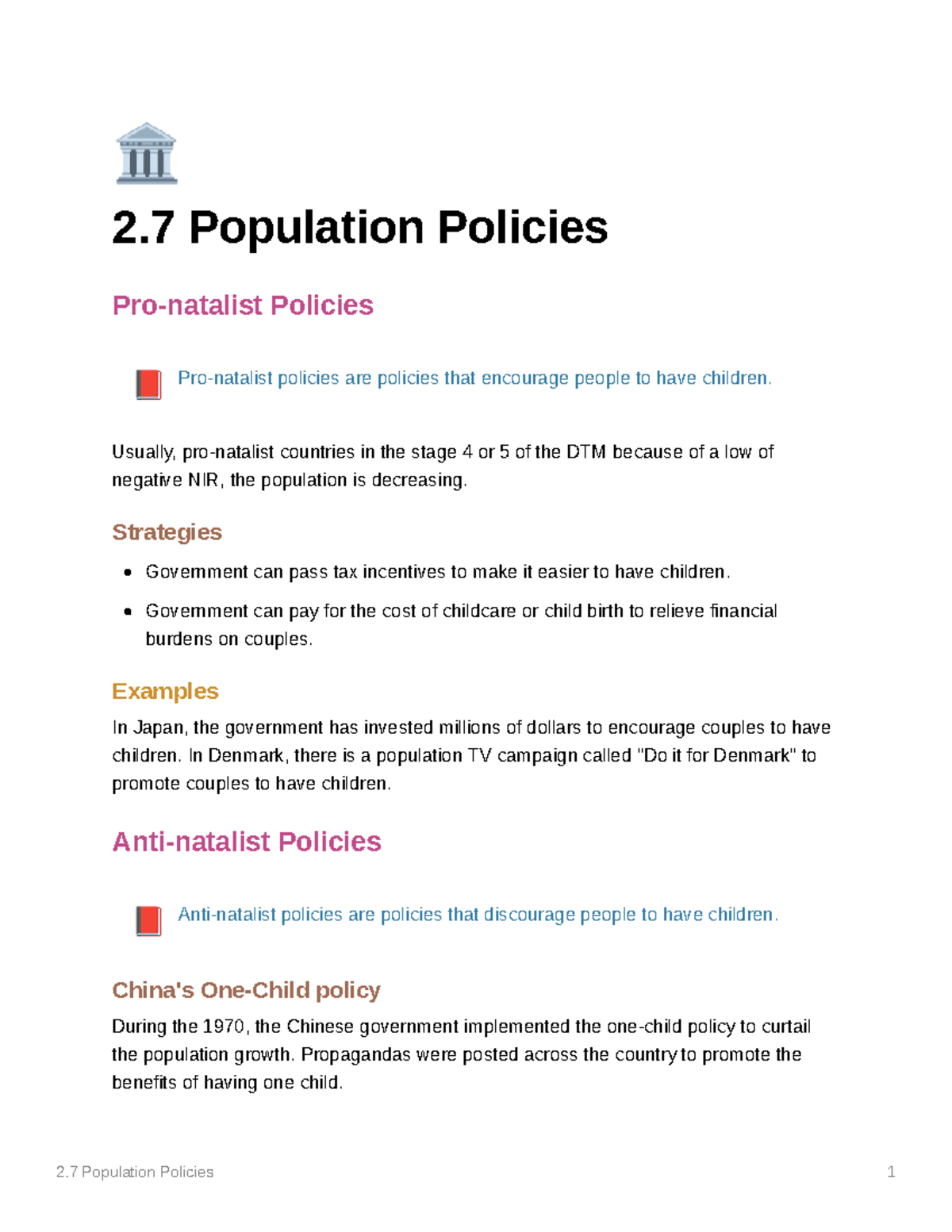 Population policies - Professor: Benjamin Sinn - 2 Population Policies ...