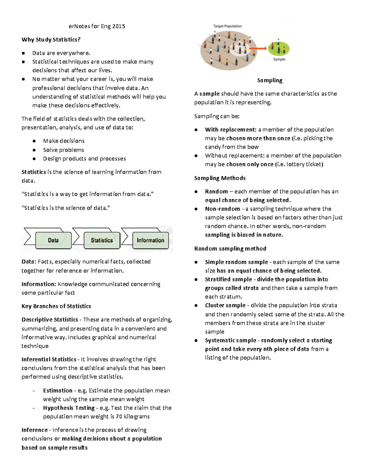 ENG2015 Reviewer - erNotes for Eng 2015 Why Study Statistics? Data are ...