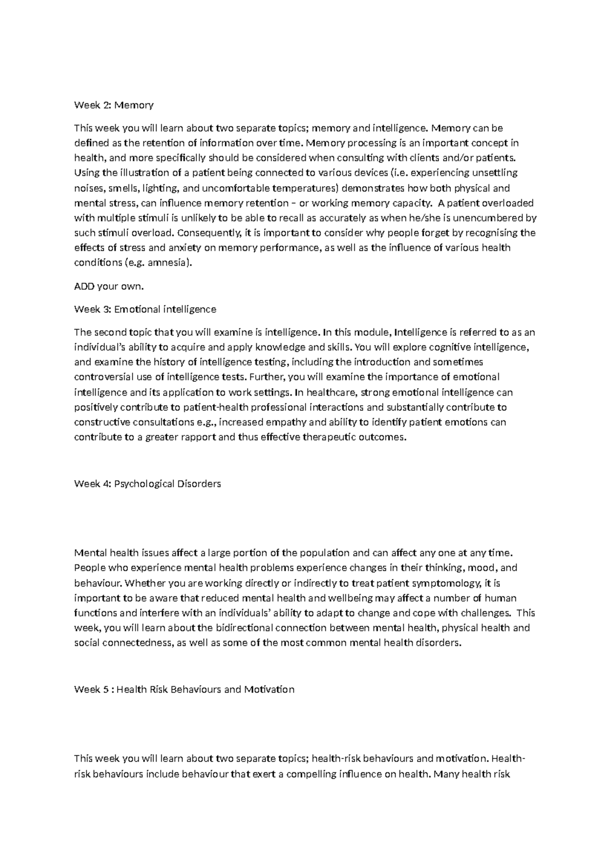 7 - health - Week 2: Memory This week you will learn about two separate ...