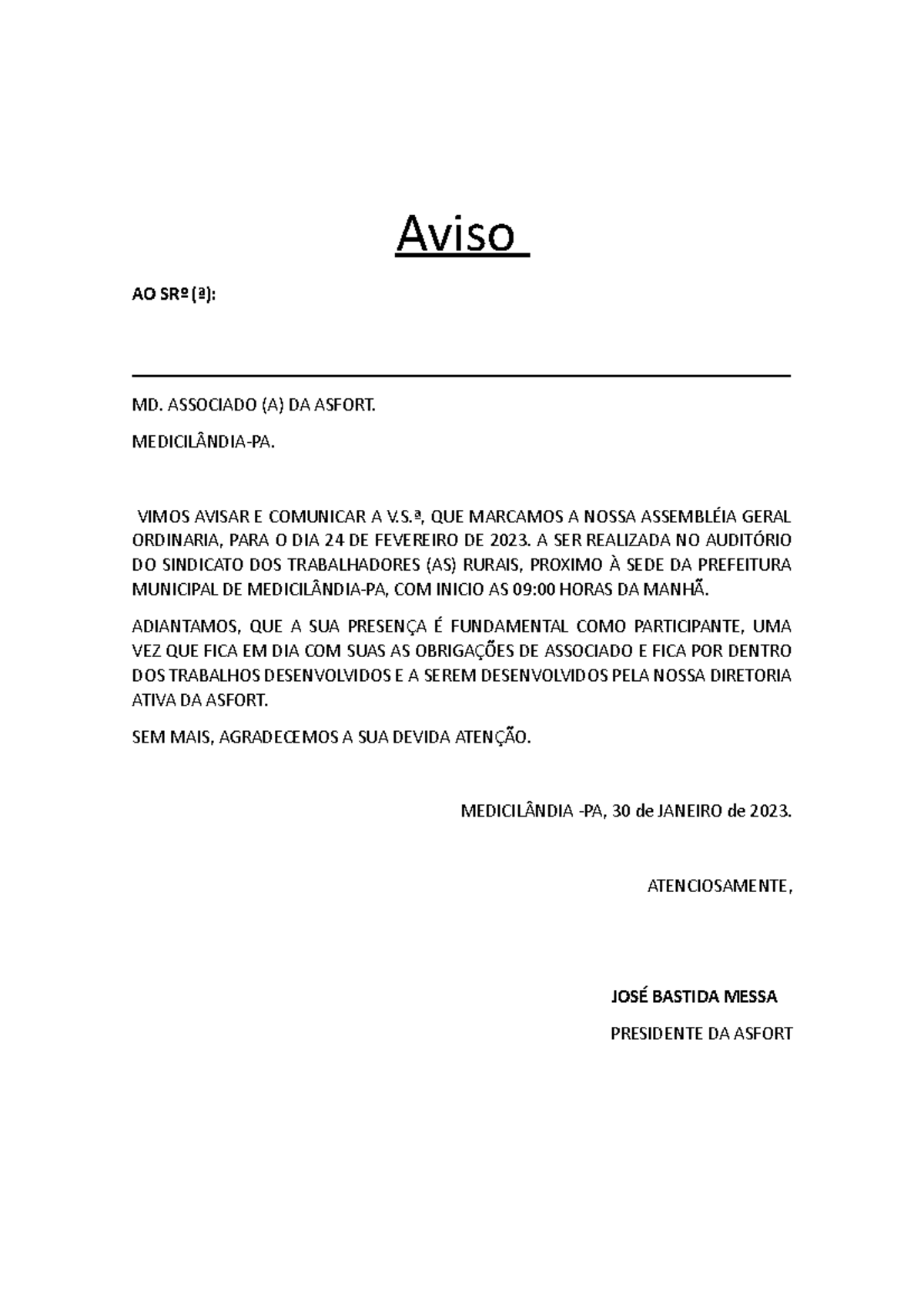 Aviso Reuniao - DWSF - Aviso AO SRº (ª): - Studocu