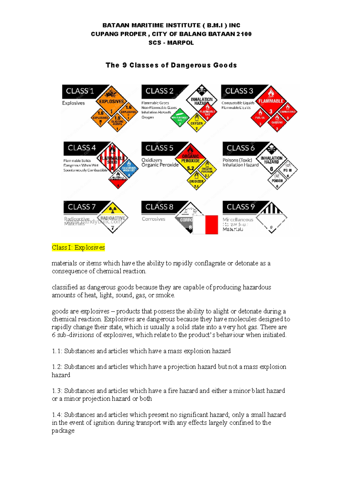 IMDG CODE 9 Classes - CUPANG PROPER , CITY OF BALANG BATAAN 2100 SCS ...