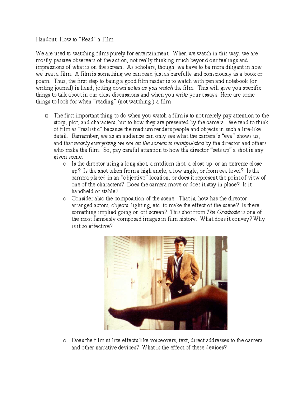How to Read a Film - Help with class - Handout: How to “Read” a Film We ...