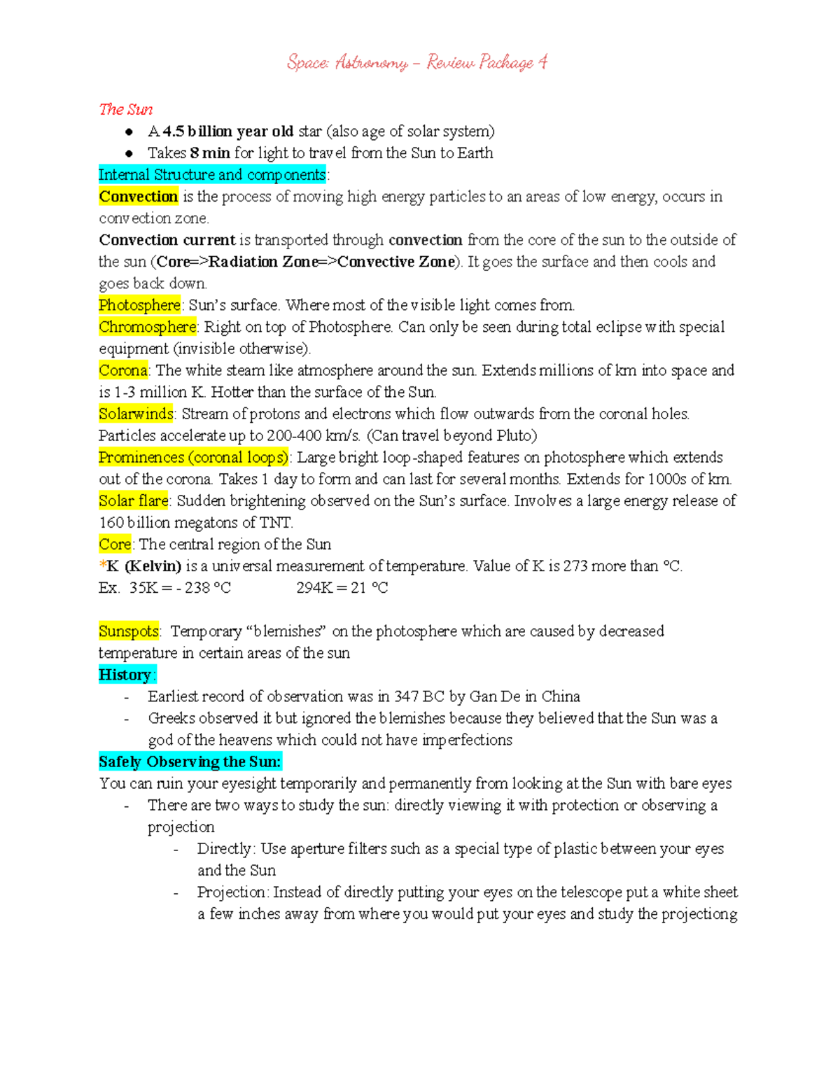 Space - Notes for the Unit - The Sun A 4 billion year old star (also ...
