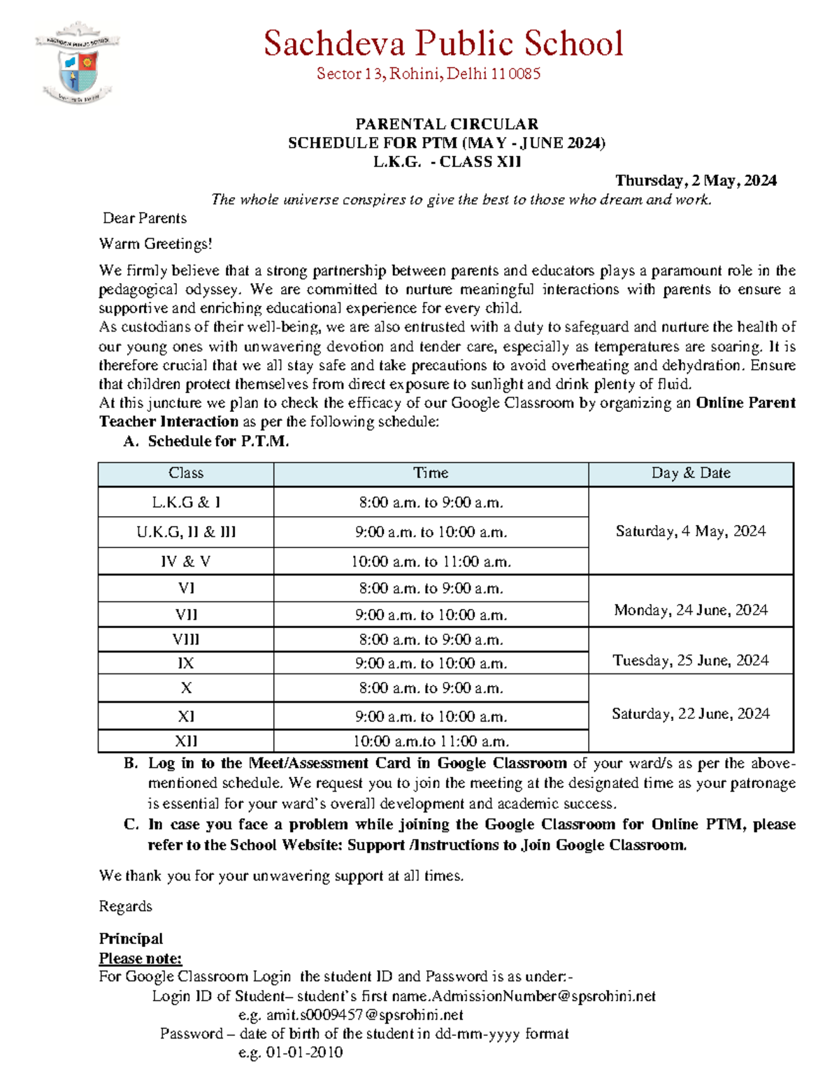 B6 Schedule for PTM (May - June 2024) 0 - Sachdeva Public School Sector ...