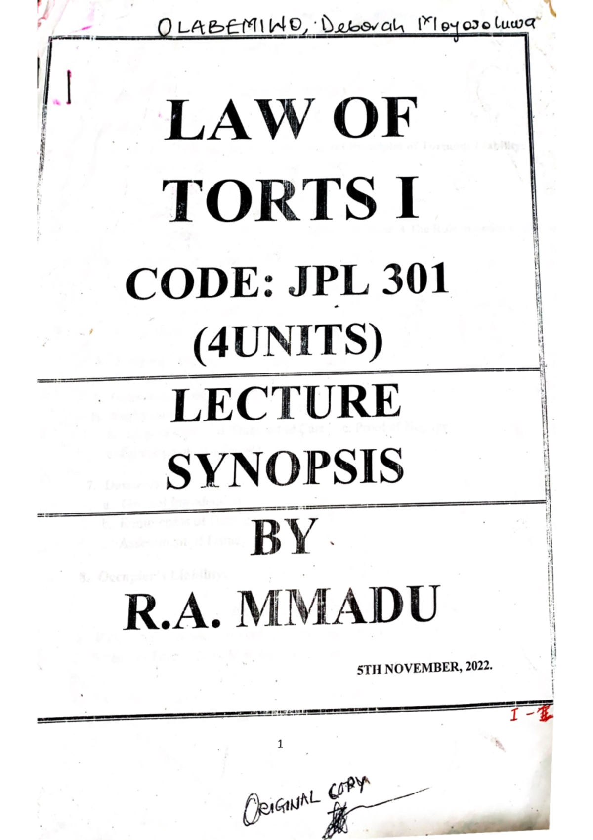 Law of tort material - OLABEMIWO, Deborah Mayoroluwa I LAW OF TORTS ...