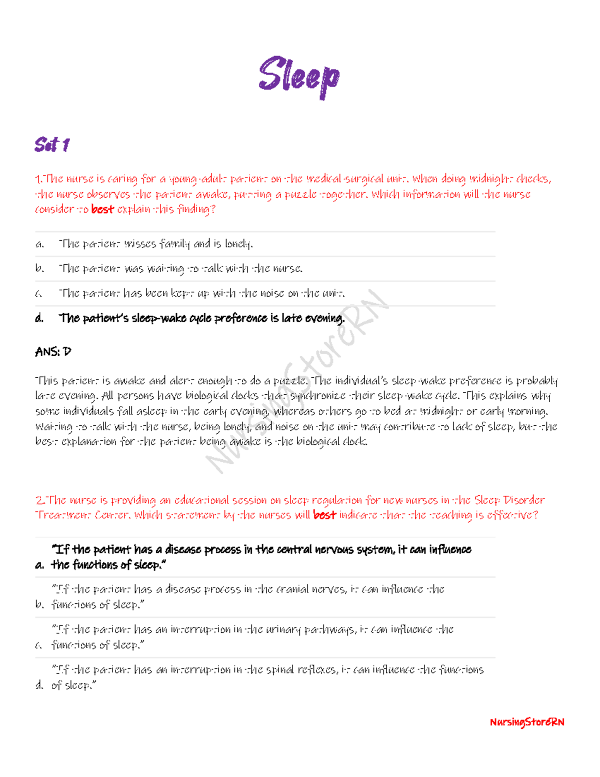 12- Sleep - Test Practice Questions - Sleep Set 1 1 nurse is caring for ...
