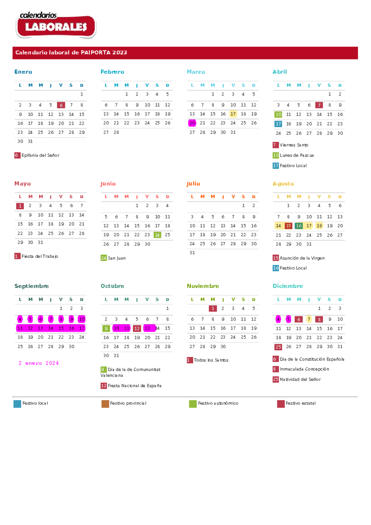 Calendario Laboral 2023 - Calendario laboral de PAIPORTA 2023 Enero L M ...
