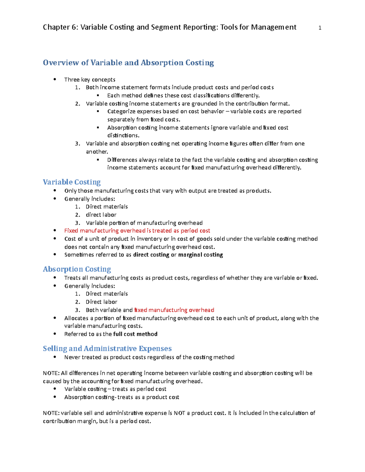 Ch 6 Variable Costing and Segment Reporting Notes - Chapter 6: Variable ...