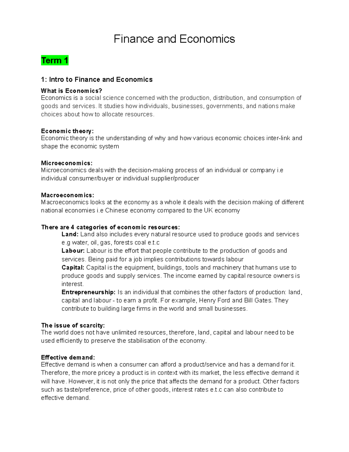 Finance and Economics - Lecture notes 1-10 - FINA1126 - GRE - Studocu