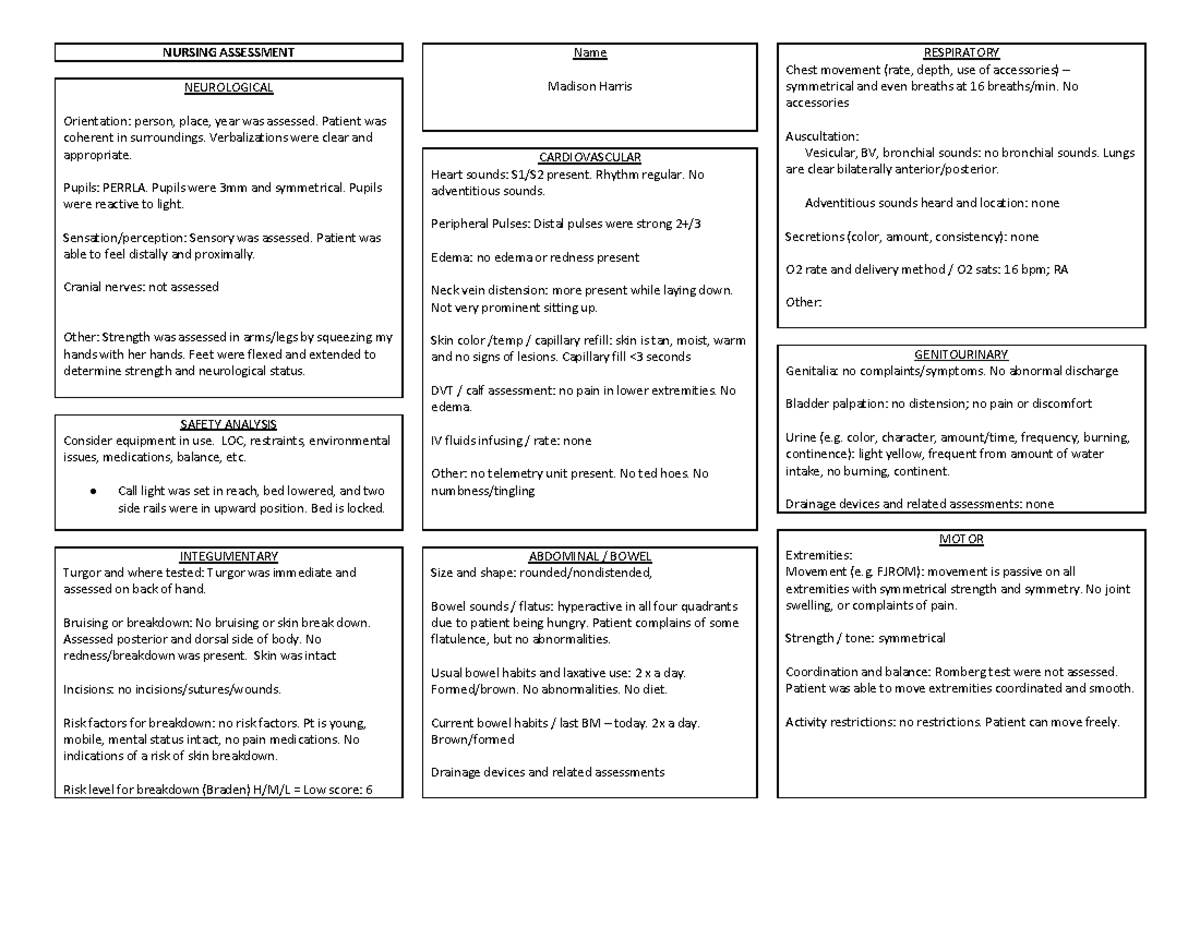 Bedside assessment - health assessemnt - NURSING ASSESSMENT Name ...