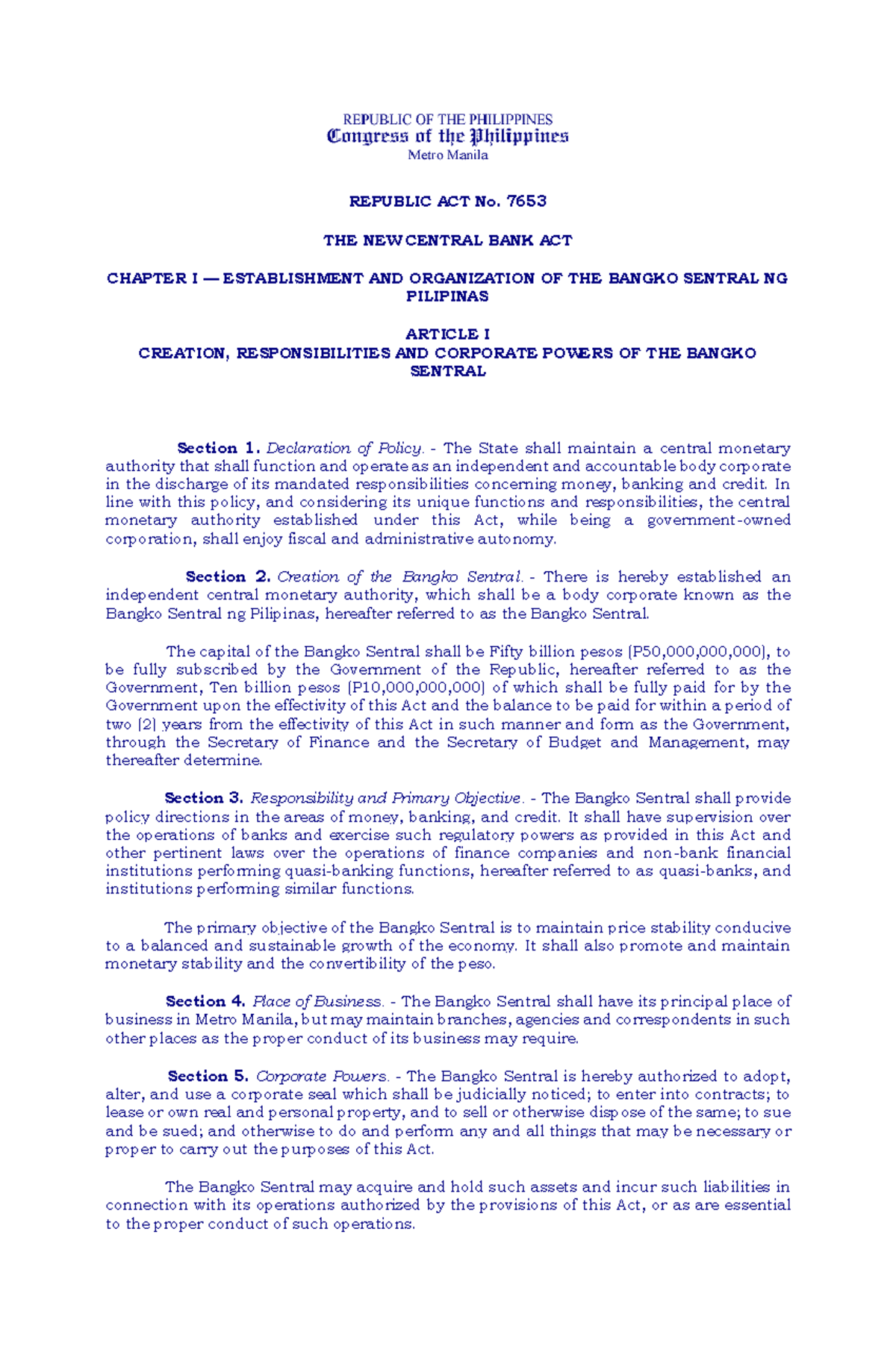 RA 7653 NEW Central BANK ACT - REPUBLIC ACT No. 7653 THE NEW CENTRAL ...