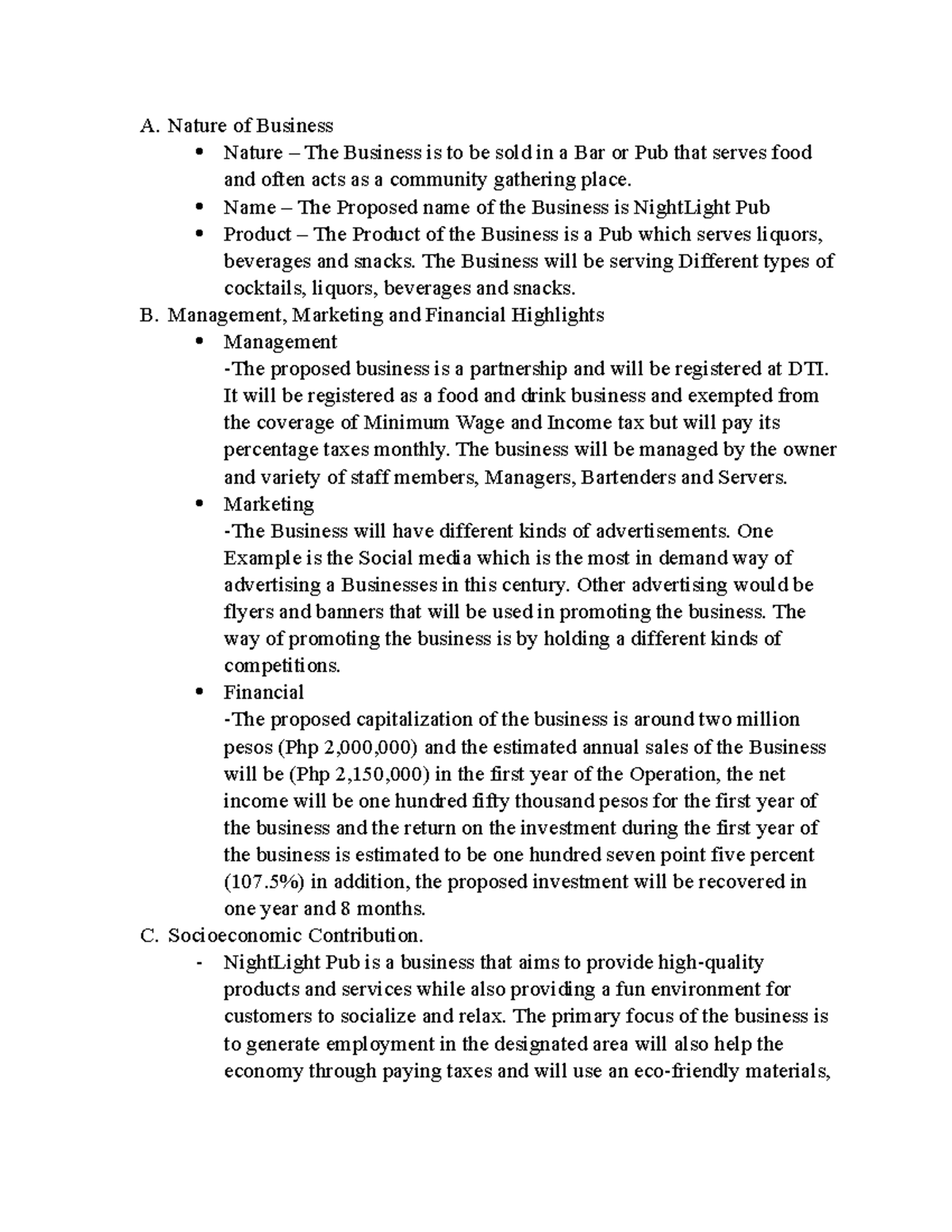 Nature of Business - feasibility study - A. Nature of Business Nature ...