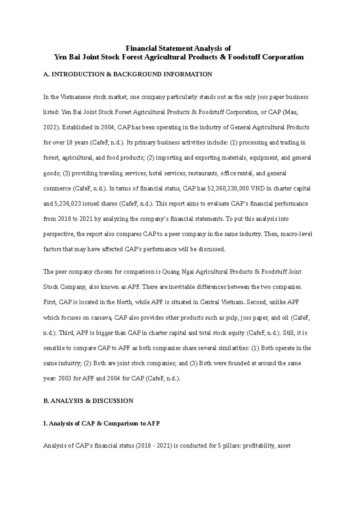 Financial Assignment II Report - Financial Statement Analysis of Yen Bai Joint Stock Forest ...