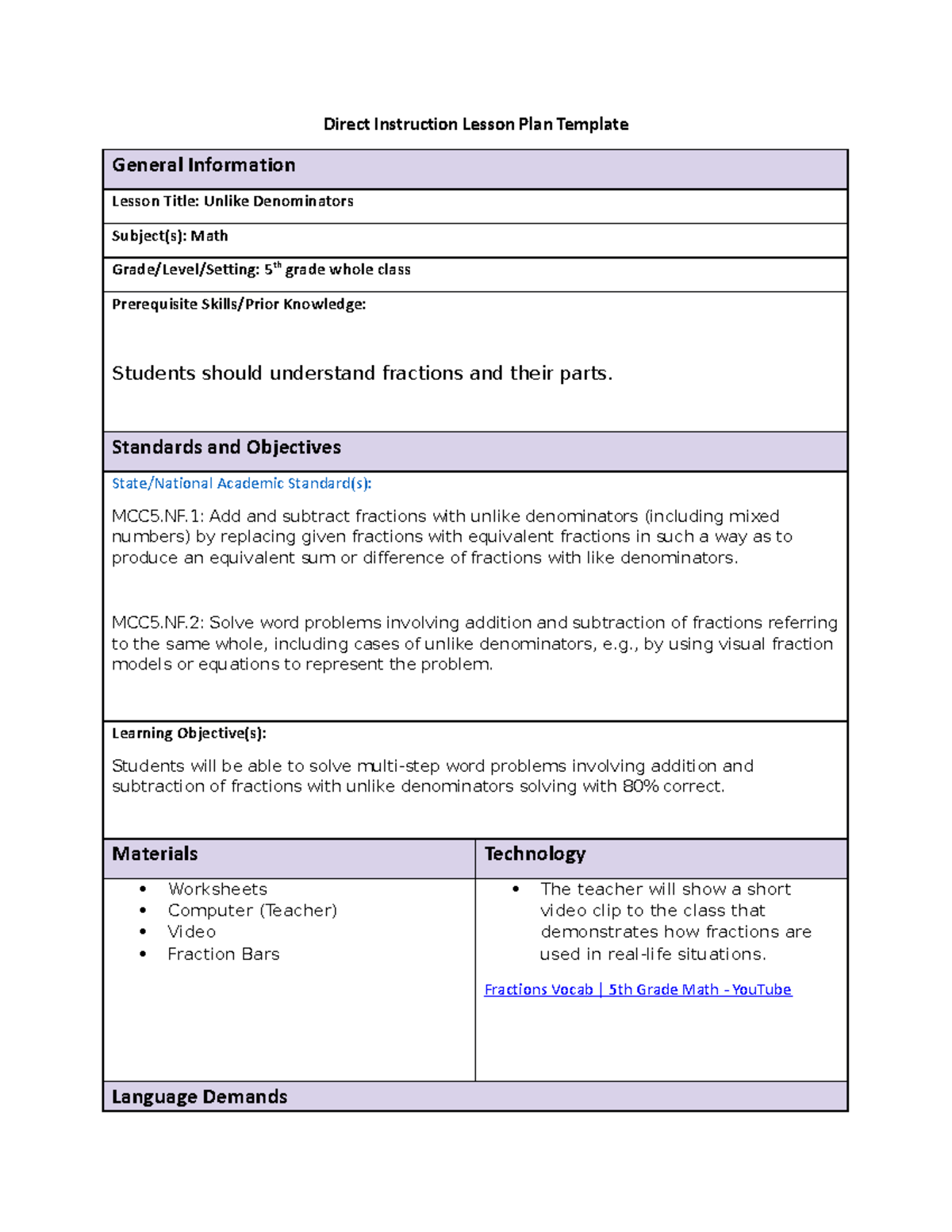 PCE Lesson Plan - Direct Instruction Lesson Plan Template General ...