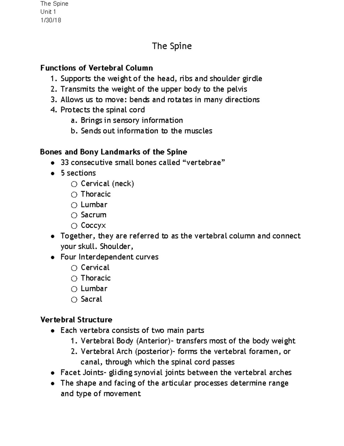 DM...The Spine - Lecture notes 6 - The Spine Unit 1 1/30/18 The Spine ...