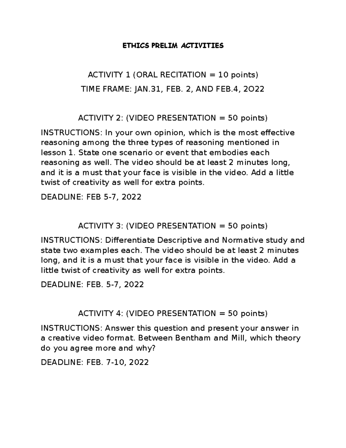 Ethics Prelim Activities 2 - ETHICS PRELIM ACTIVITIES ACTIVITY 1 (ORAL RECITATION = 10 points ...