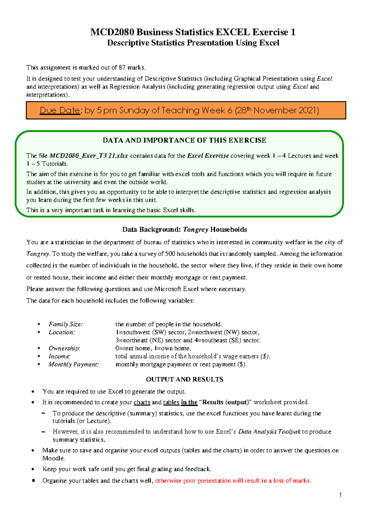 MCD2080 T3 2021 Assignment-Questions Business Statistics - MCD2080 Business Statistics EXCEL ...