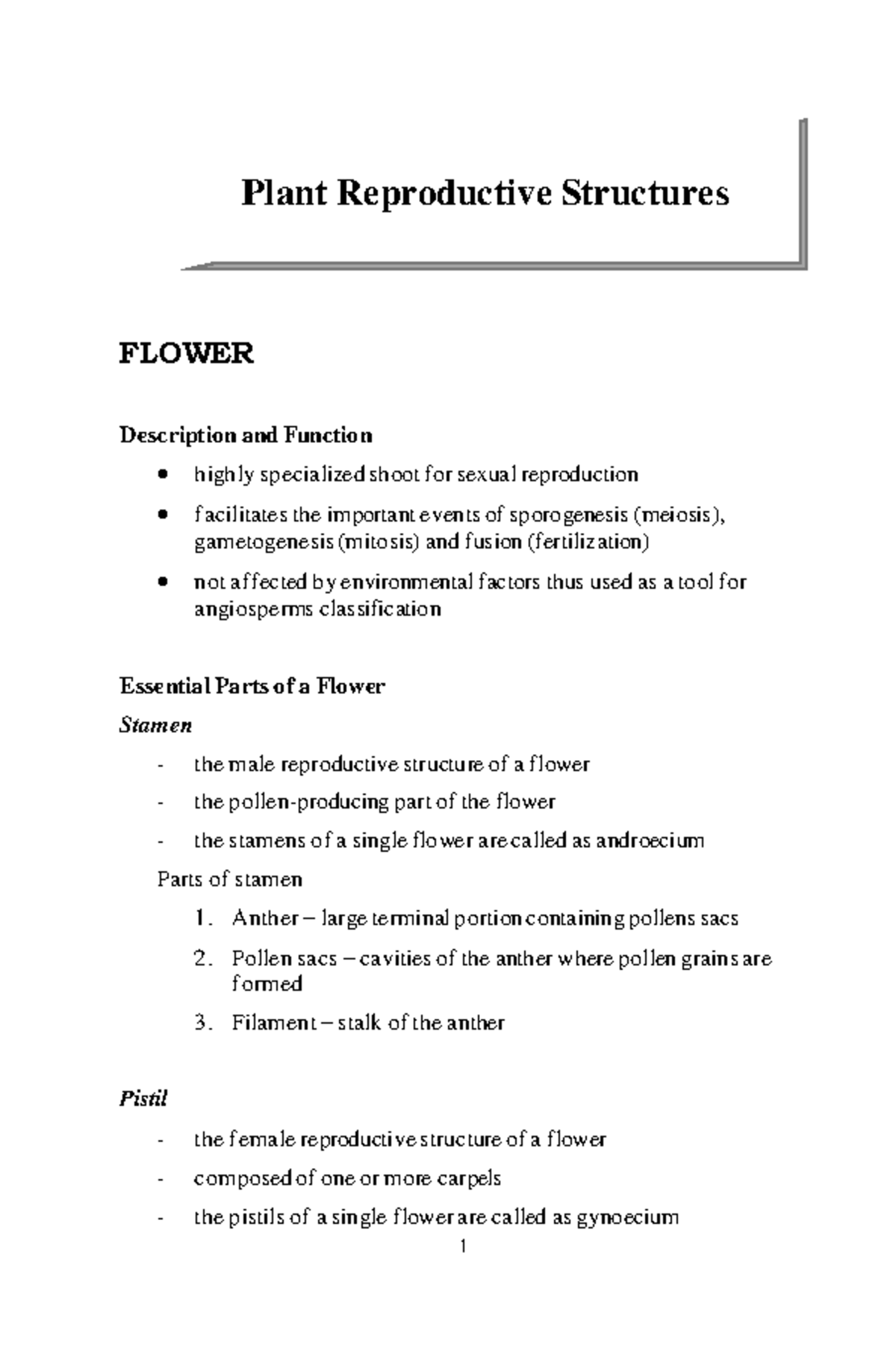 Plant Reproductive Structures - Plant Reproductive Structures FLOWER ...