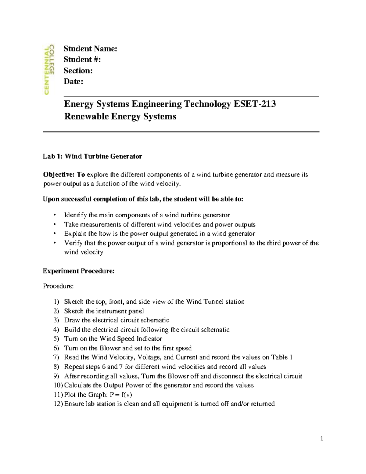 LAB 1 Wind Energy - Lab 1 Lab sheet - Student Name: Student #: Section ...
