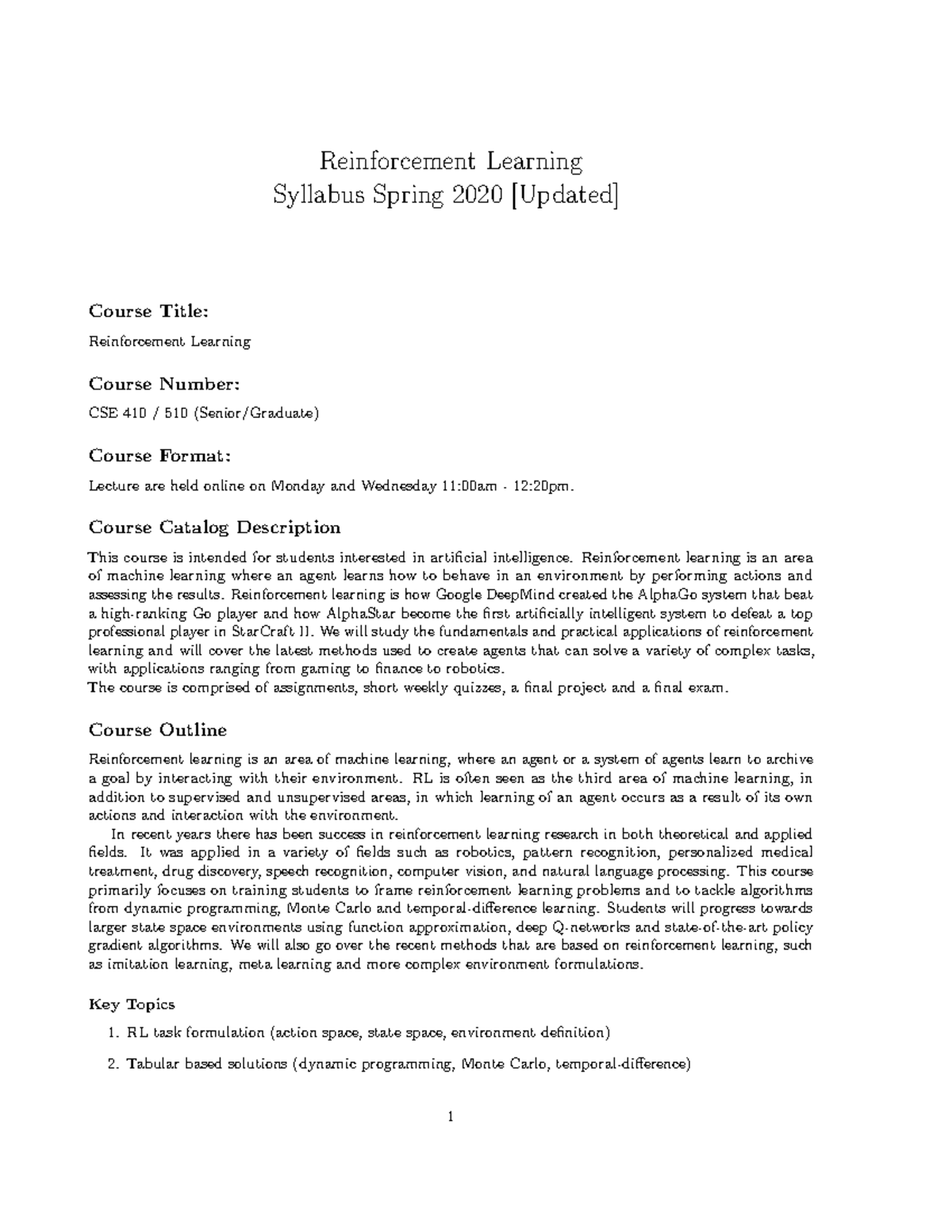 Reinforcement Learning Course Syllabus 2020 Updated - Reinforcement ...