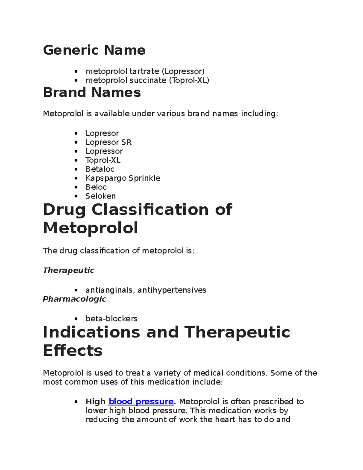 Metoprolol drug study - Generic Name metoprolol tartrate (Lopressor ...