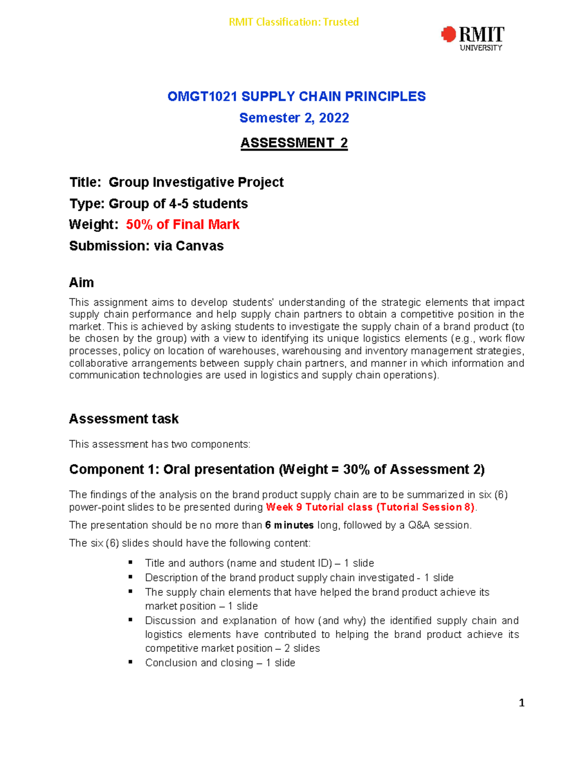 OMGT1021 Assessment 2 S2 2022 - 1 RMIT Classification: Trusted OMGT1021 SUPPLY CHAIN PRINCIPLES ...