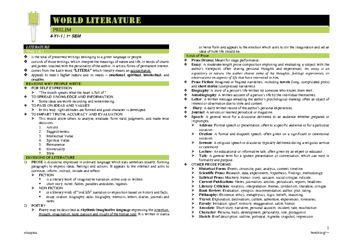World Literature - WORLD LITERATURE PRELIM 4-Y1-1 | 1ST SEM 1 nicspasc hwaiting!~ LITERATURE ...