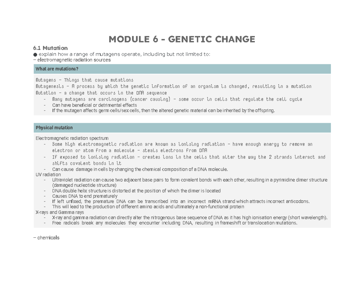 Biology - Module 6 IQ1 Students Notes - MODULE 6 - GENETIC CHANGE 6 ...
