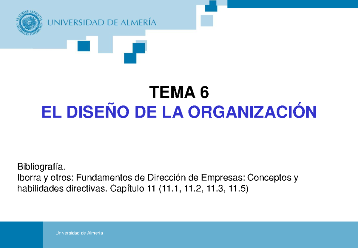 Tema 6 - Tema 6 Ade - TEMA 6 EL DISEÑO DE LA ORGANIZACIÓN Universidad de Almería Bibliografía ...