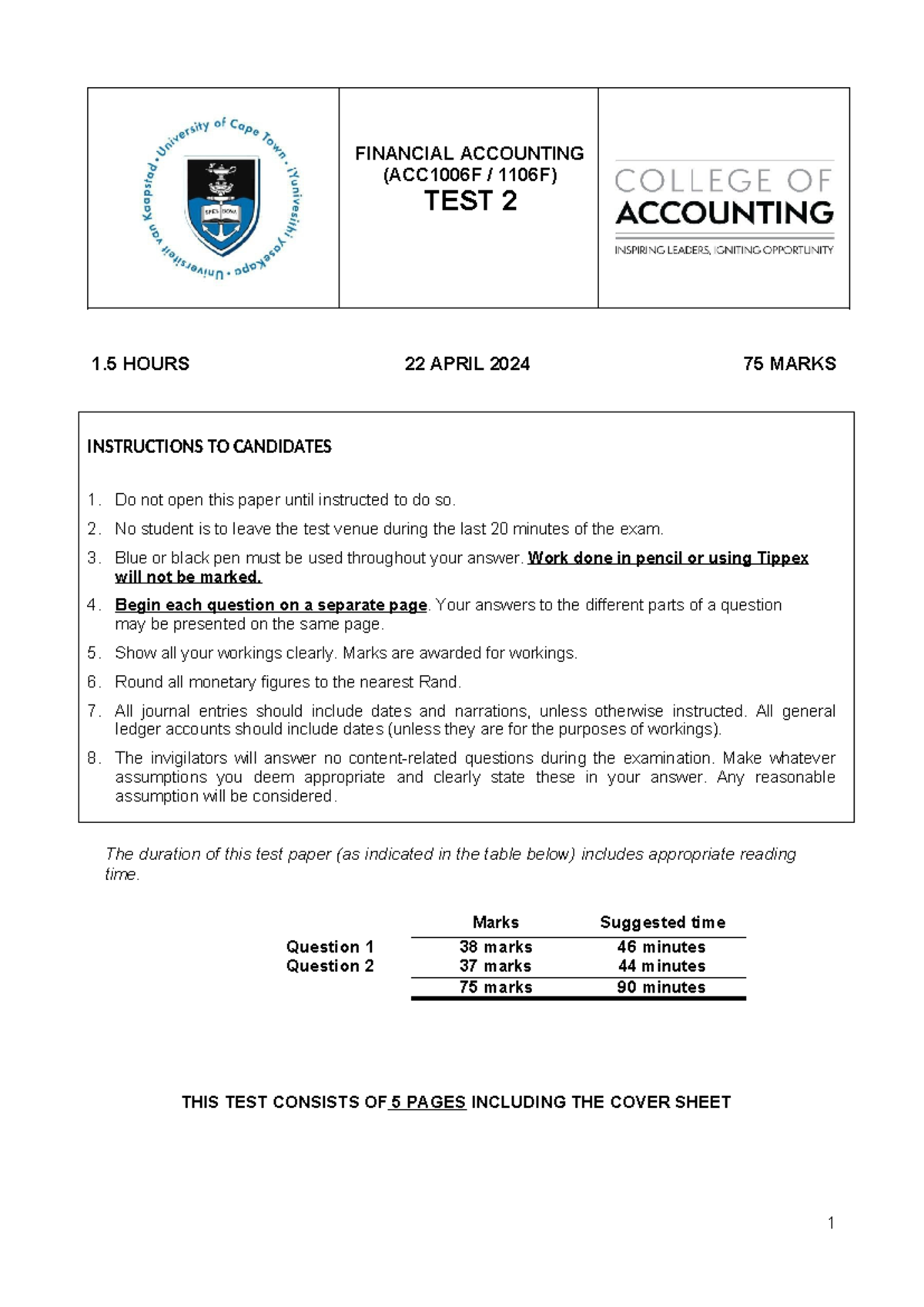 2024 ACC1006F Test 2 - FINANCIAL ACCOUNTING (ACC1006F / 1106F) TEST 2 1 ...