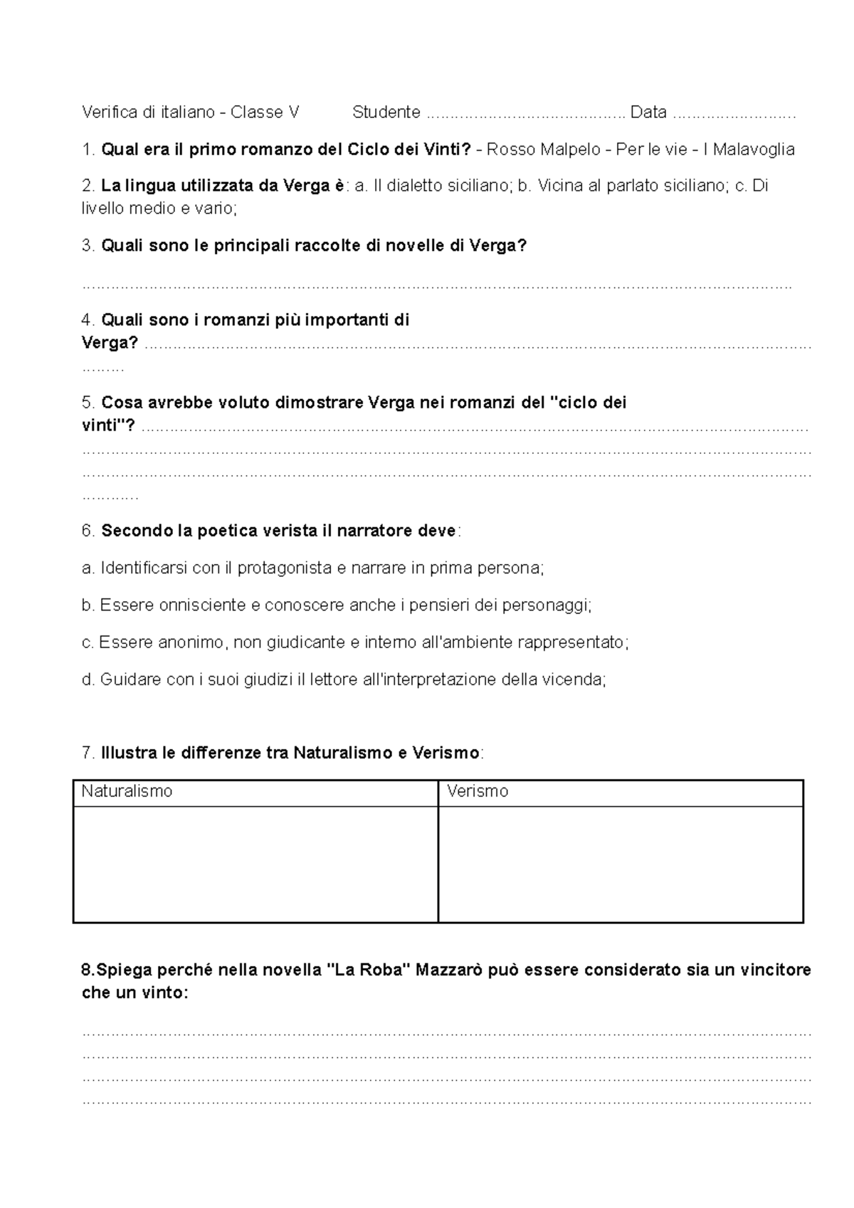 Verifica su Verga - Verifica di italiano - Classe V Studente - Studocu