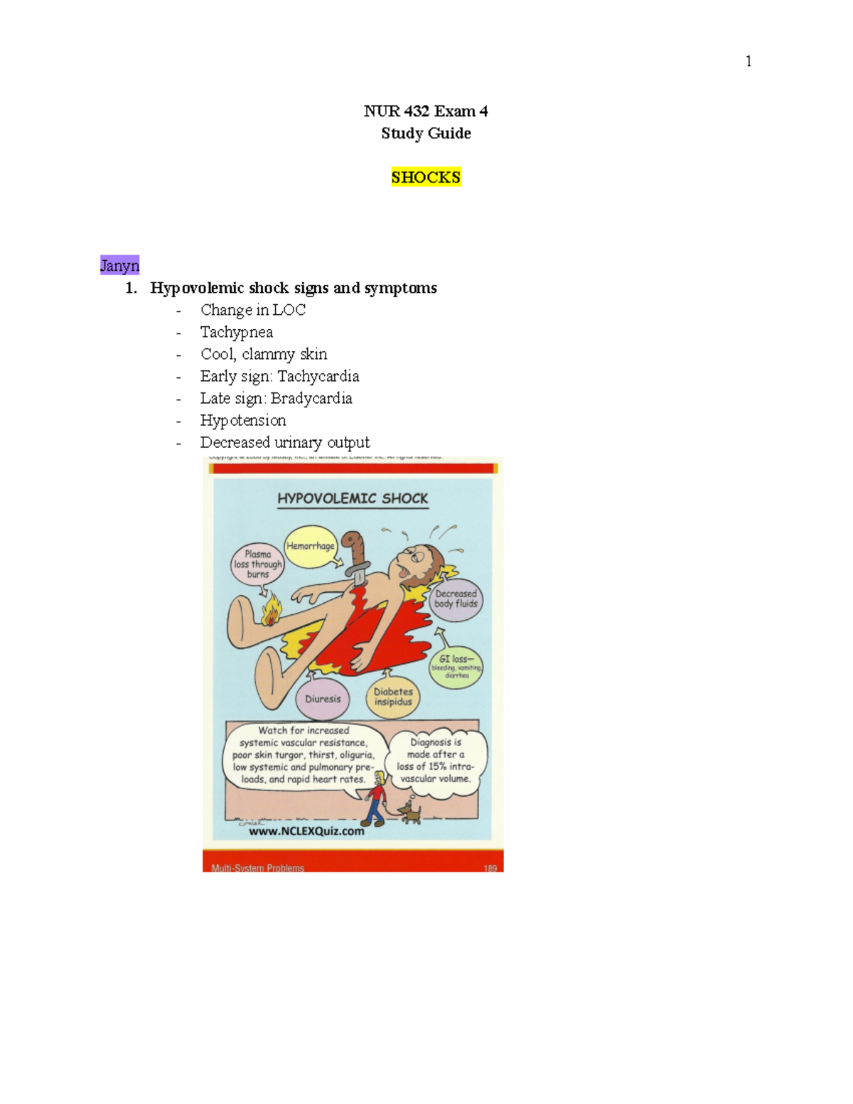 High Acuity Exam 4 Study Guide 2 - NUR 432 Exam 4 Study Guide SHOCKS ...