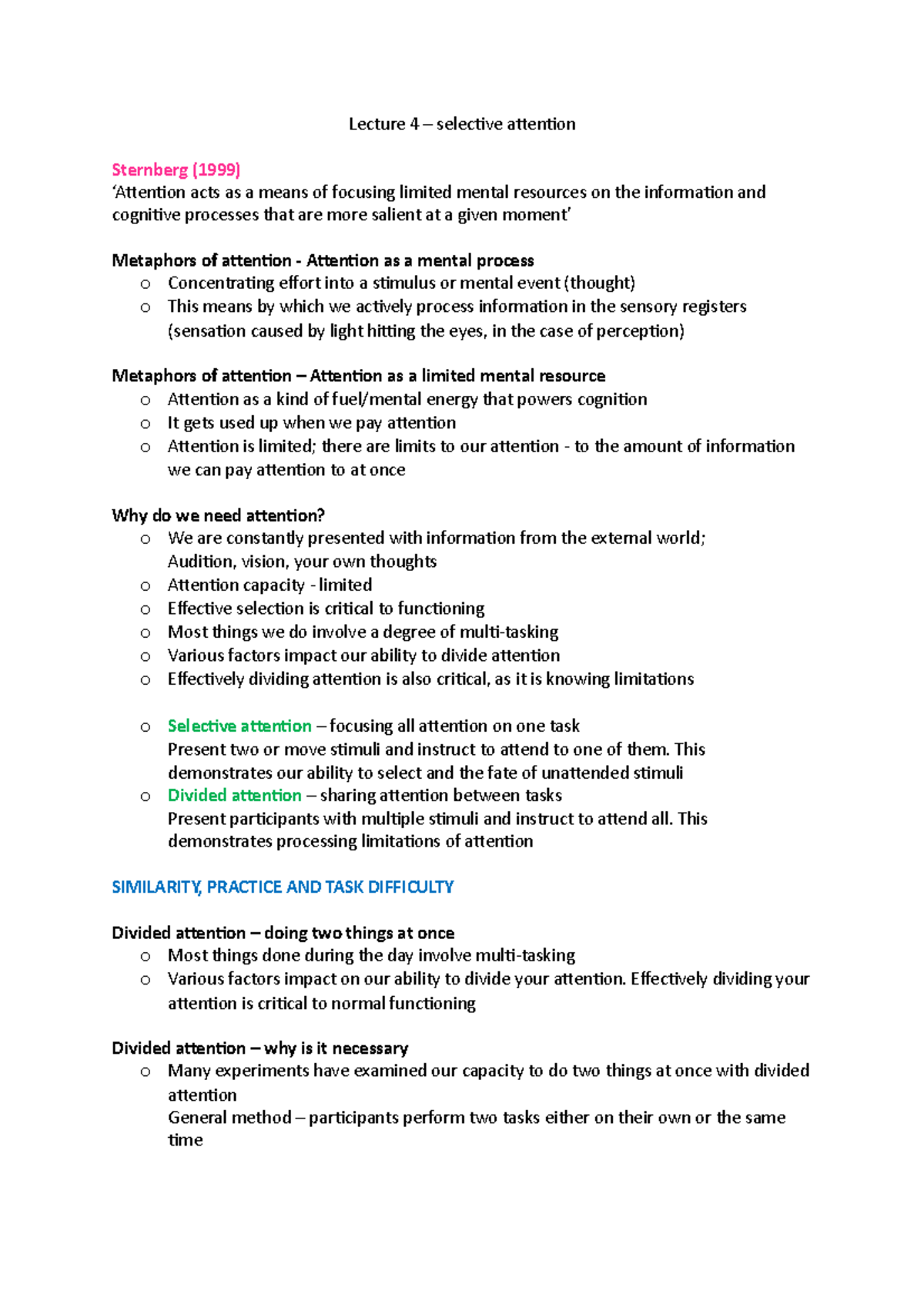 Lecture 4 - selective attention - Lecture 4 – selective attention ...