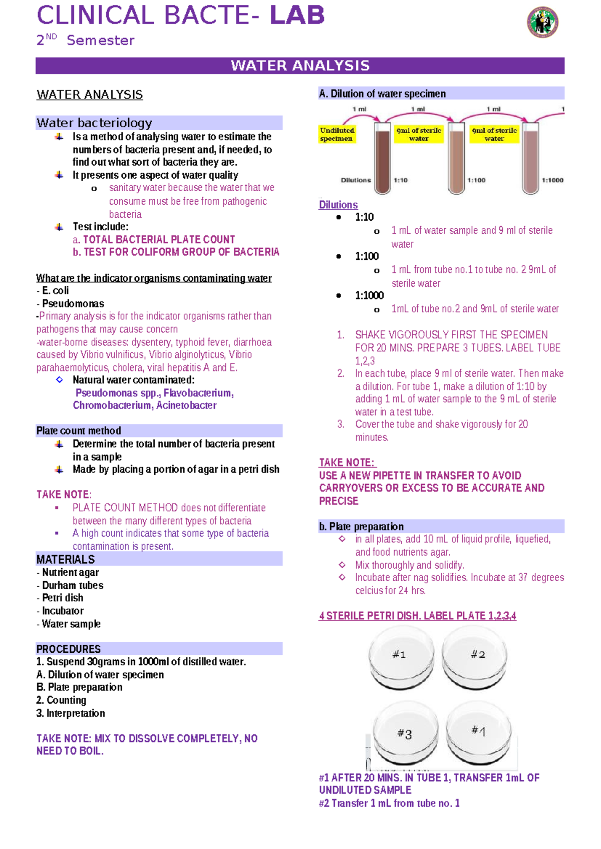 Water Analysis- Trans - CLINICAL BACTE- LAB 2 ND Semester WATER ...