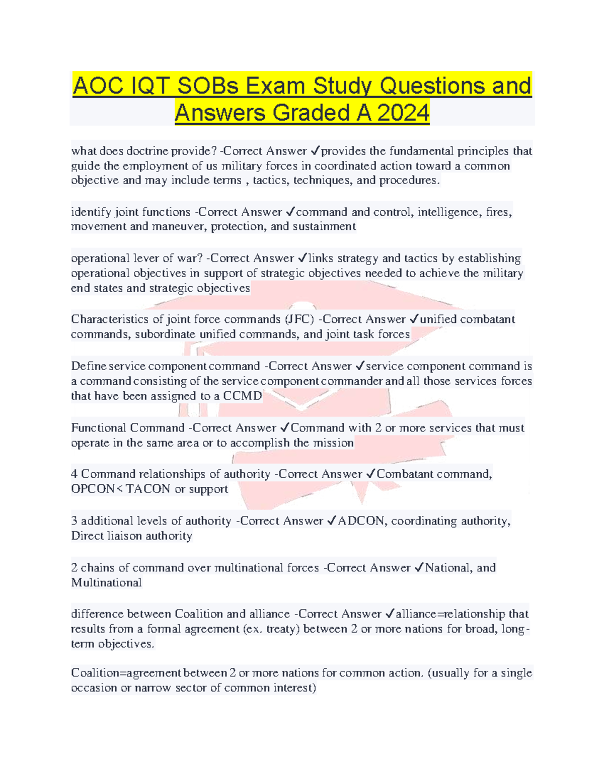 AOC IQT SOBs Exam Study Questions and Answers Graded A 2024 - identify joint functions - Correct ...