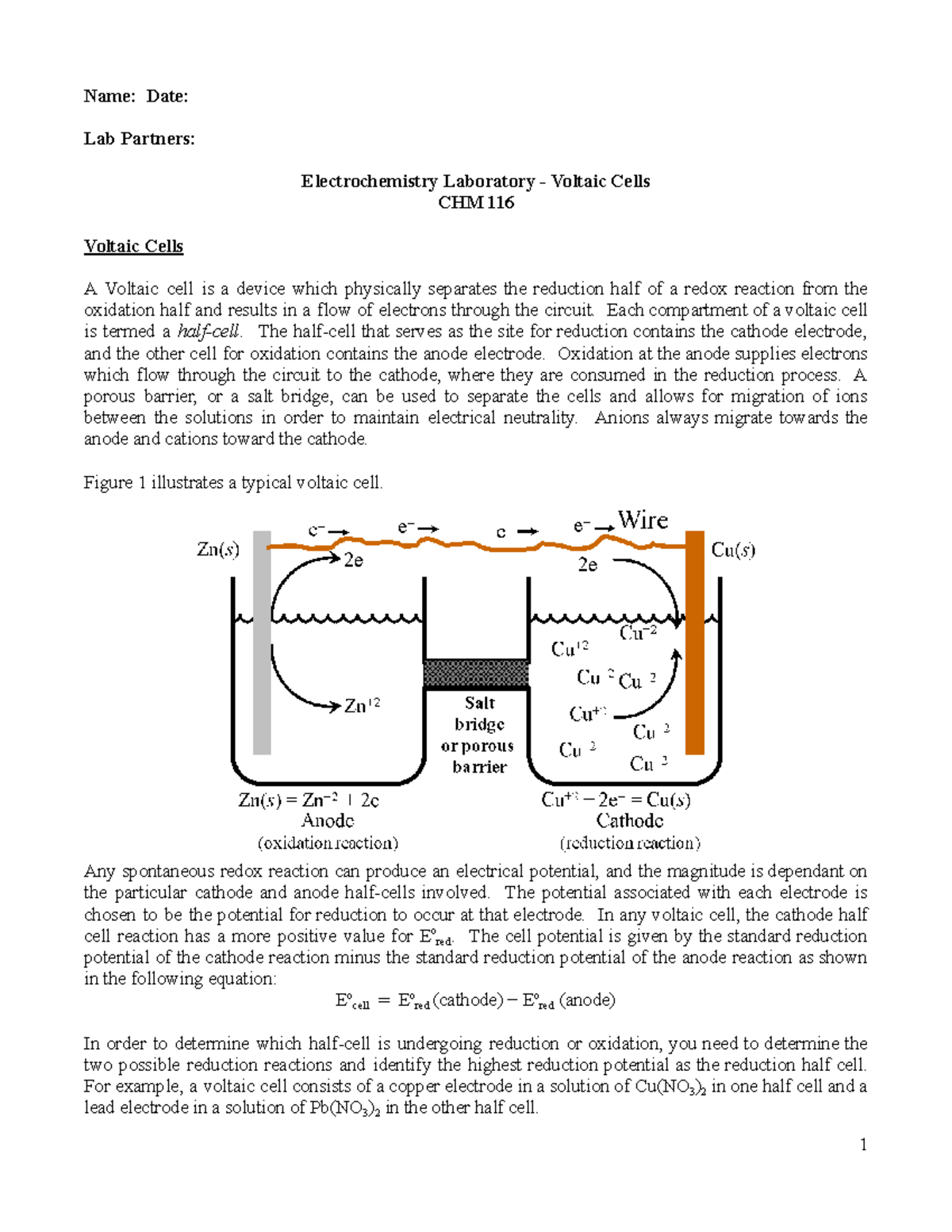 116 Voltaic Cells- Student - Name: Date: Lab Partners: Electrochemistry ...
