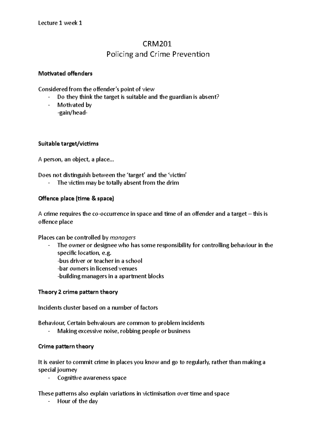useless notes from my class - Lecture 1 week 1 CRM Policing and Crime ...