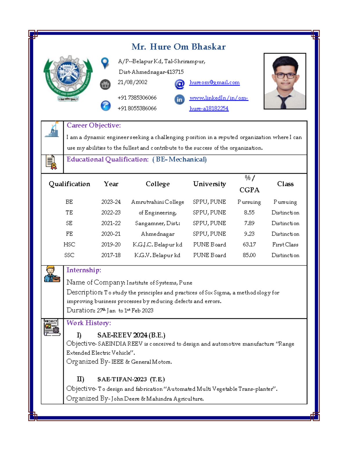 Om hure 28 09 2023 - Career Objective: I am a dynamic engineer seeking ...