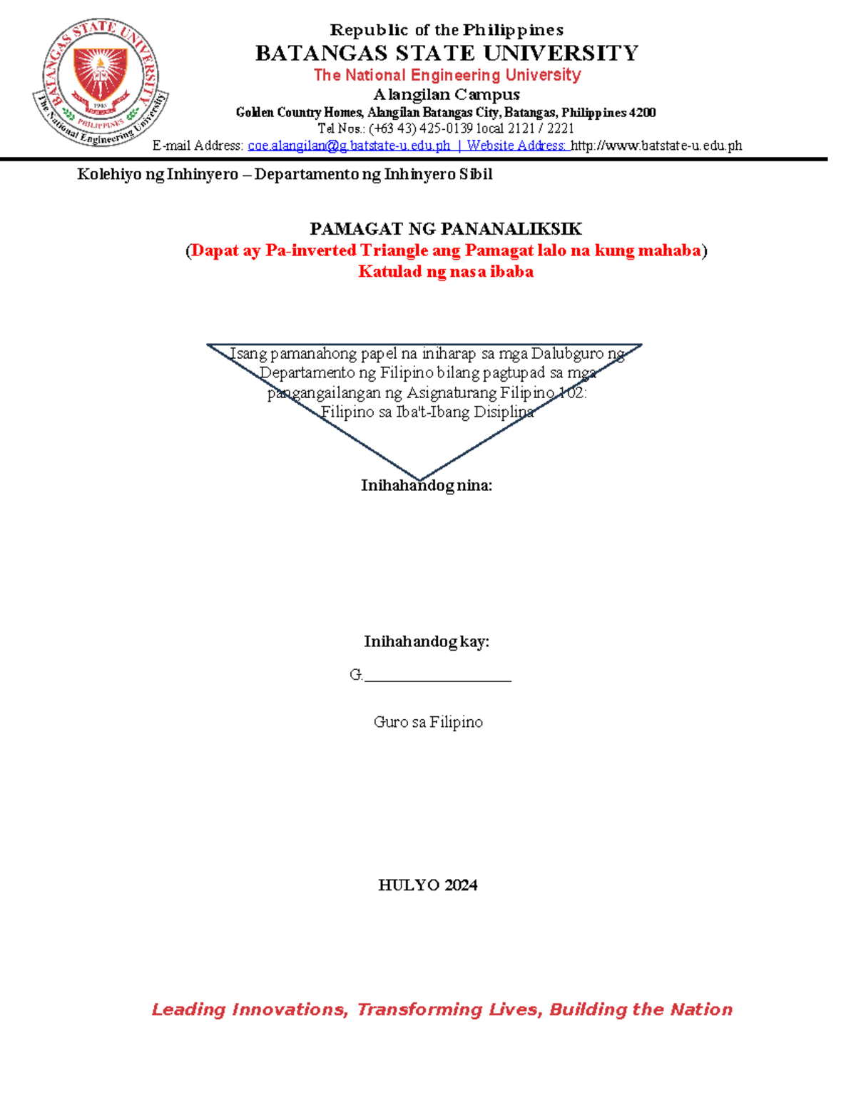 Halimbawa NG Pamanahong Papel - BATANGAS STATE UNIVERSITY The National Engineering University ...