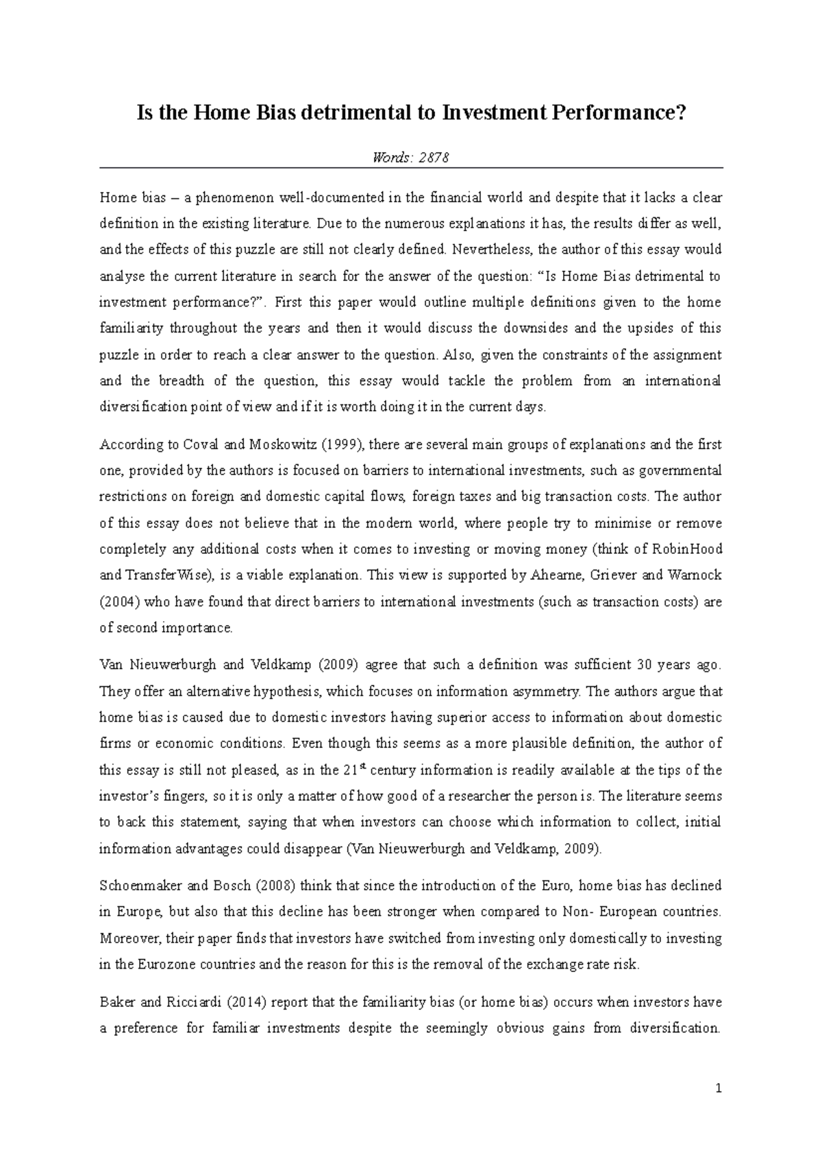 Assignment two- an essay - Is the Home Bias detrimental to Investment ...