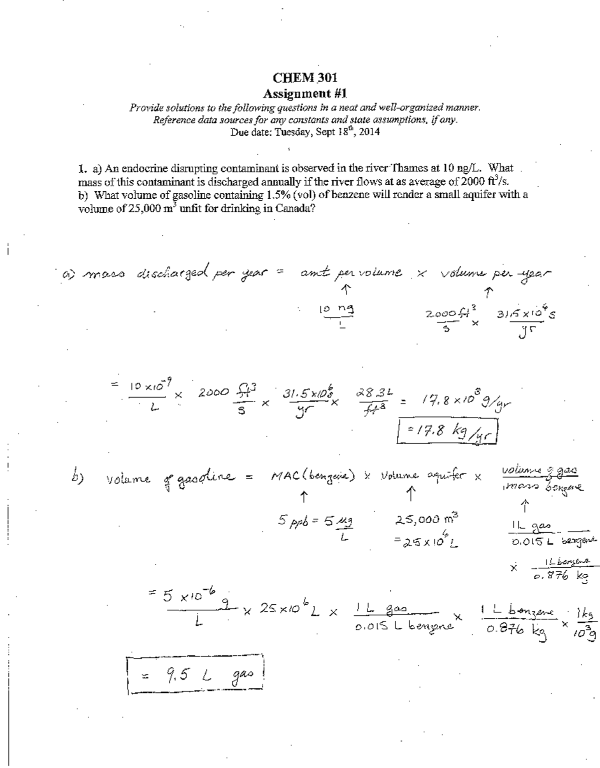 Assign 1 2014 scanned solutions - CHEM301 - Studocu