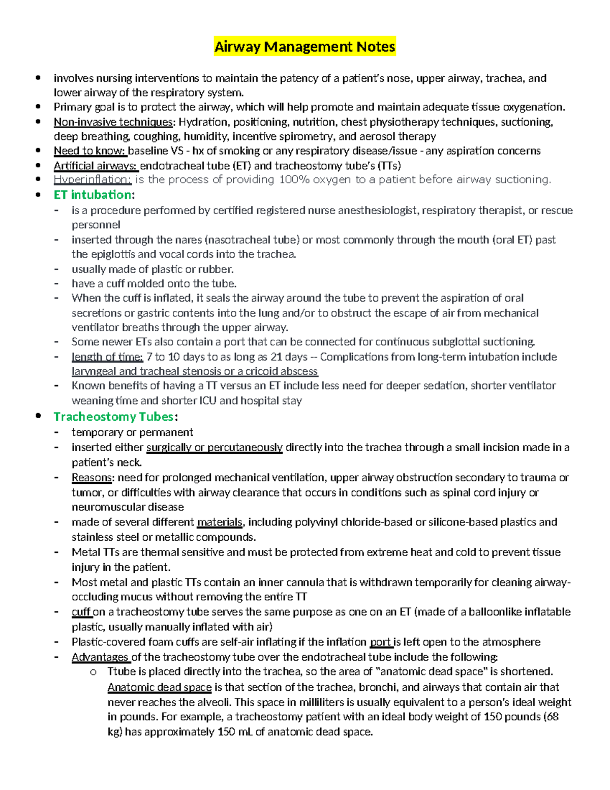 Notes Airway management - Airway Management Notes involves nursing ...