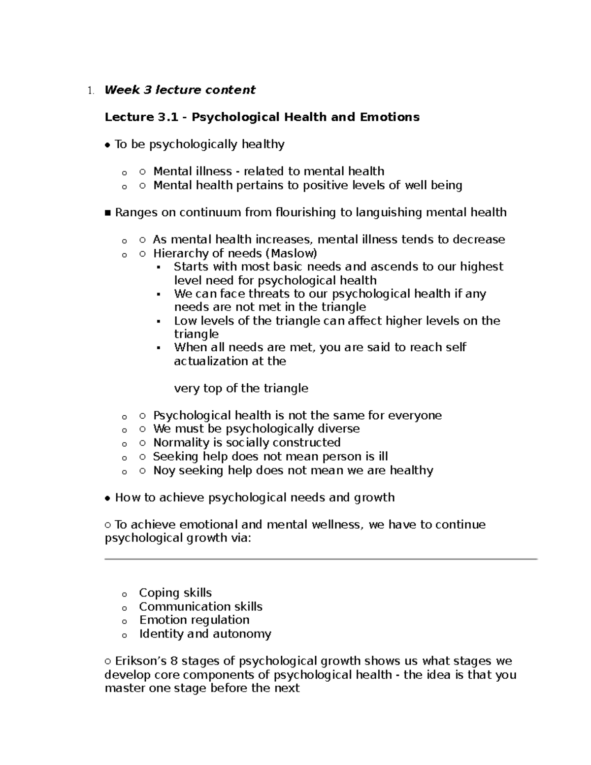 Week 3 lecture content - 1. Week 3 lecture content Lecture 3 - Psychological Health and Emotions ...