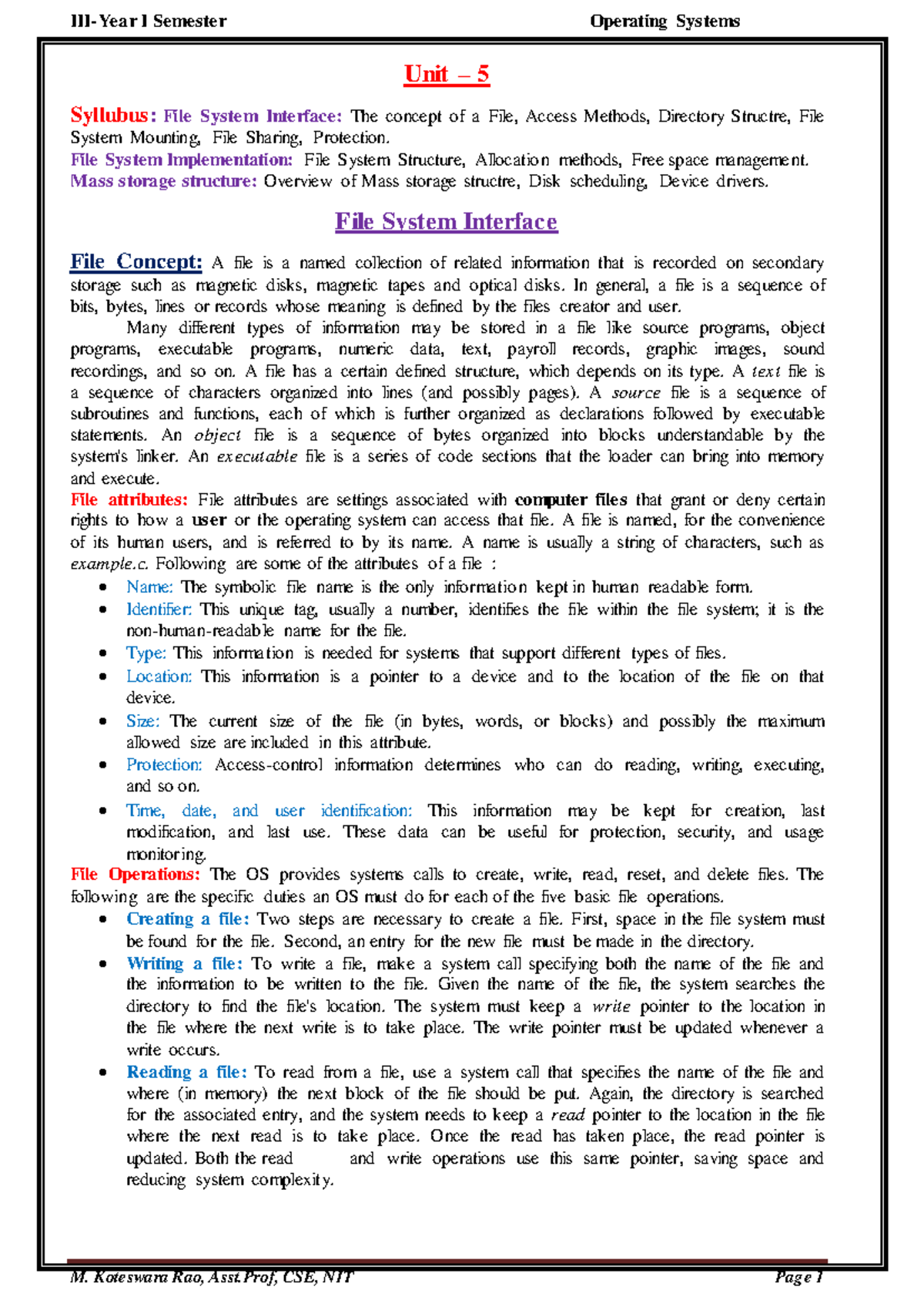 OS UNIT 5 material - Unit – 5 Syllubus: File System Interface: The concept of a File, Access ...